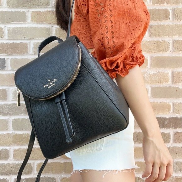 kate spade | Bags | Kate Spade Flap Leather Backpack Black Pebbled ...